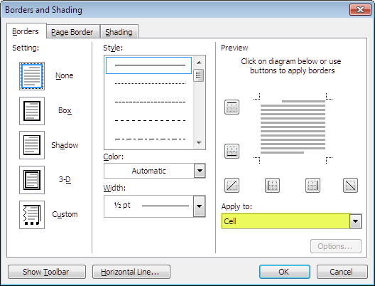 Using Borders in Word 2003 and earlier